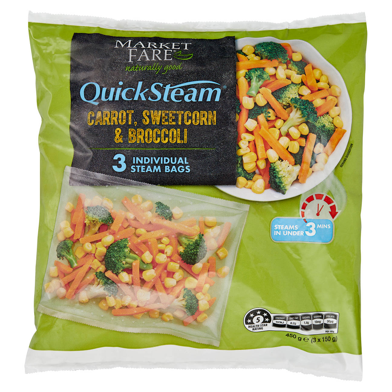 Carrot, Sweetcorn & Broccoli Quicksteam Vegetables 3 Pack 450g