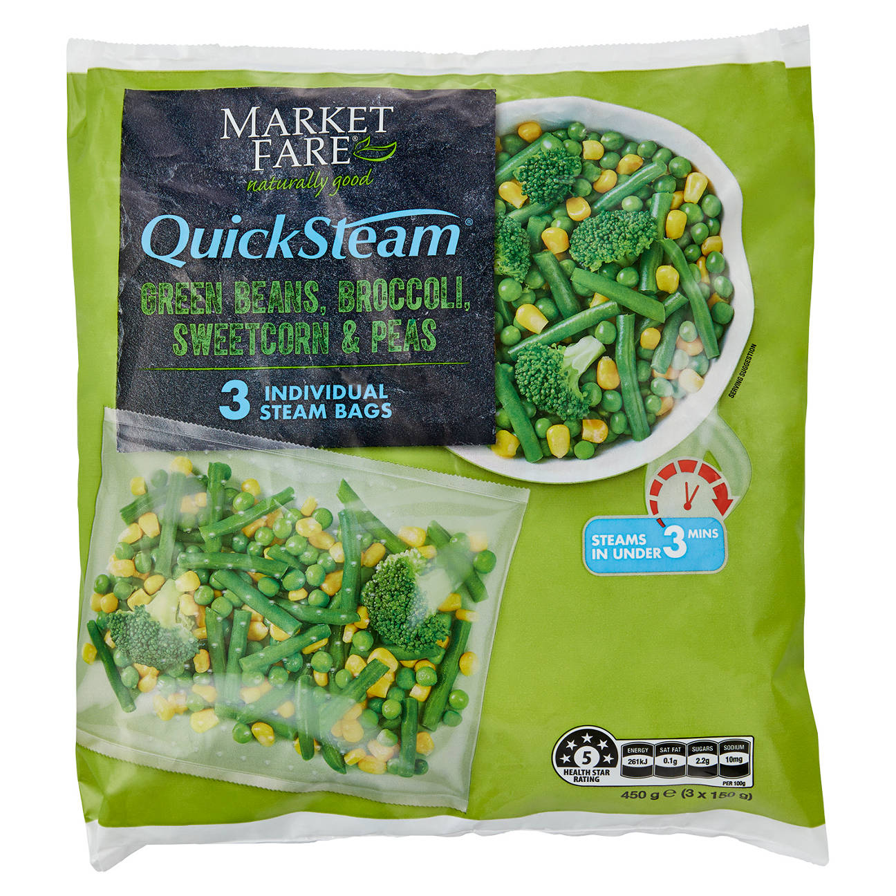 Green Beans, Sweetcorn, Broccoli & Peas Quicksteam Vegetables 3 Pack 450g