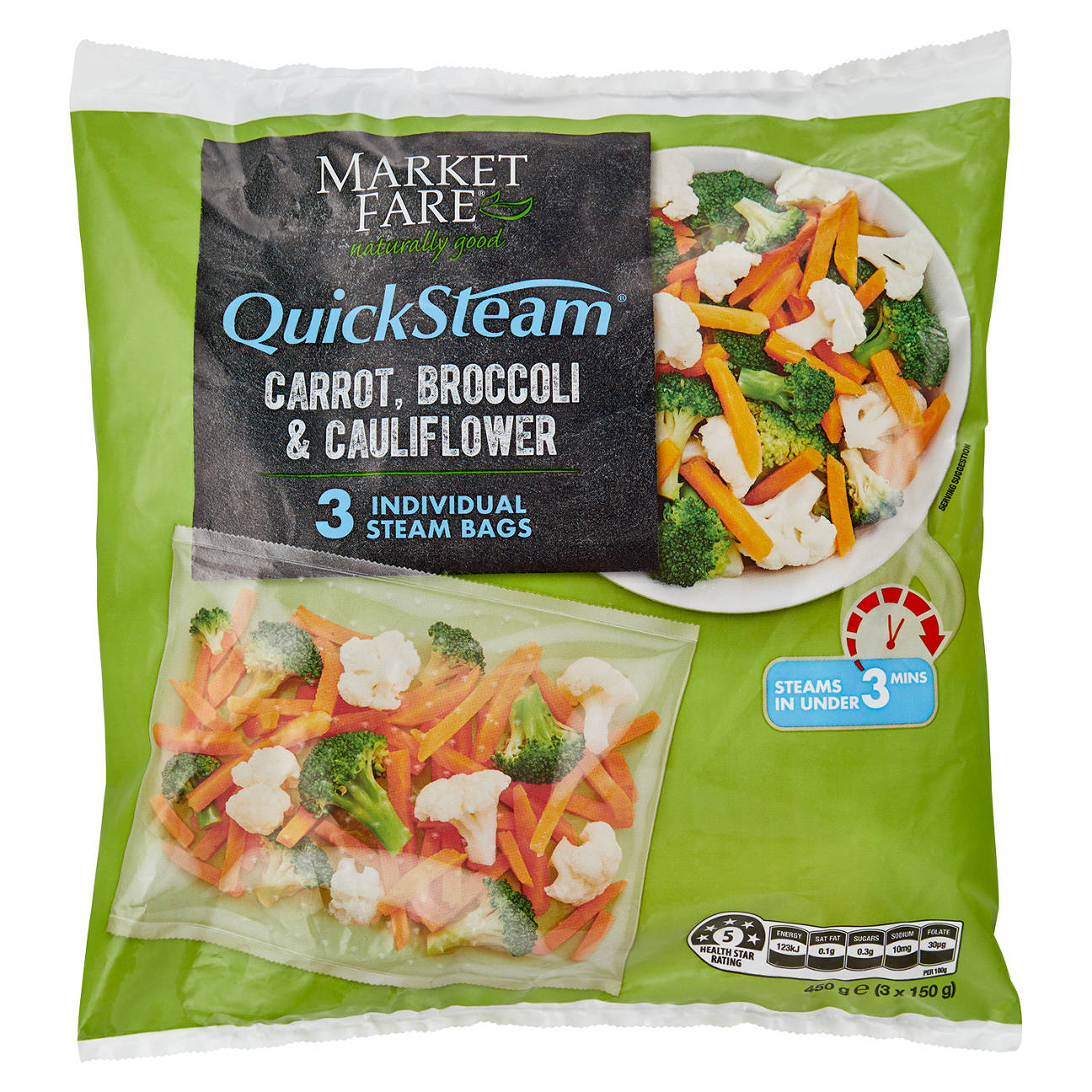 Quicksteam Vegetables Carrot, Broccoli & Cauliflower 3 Pack 450g