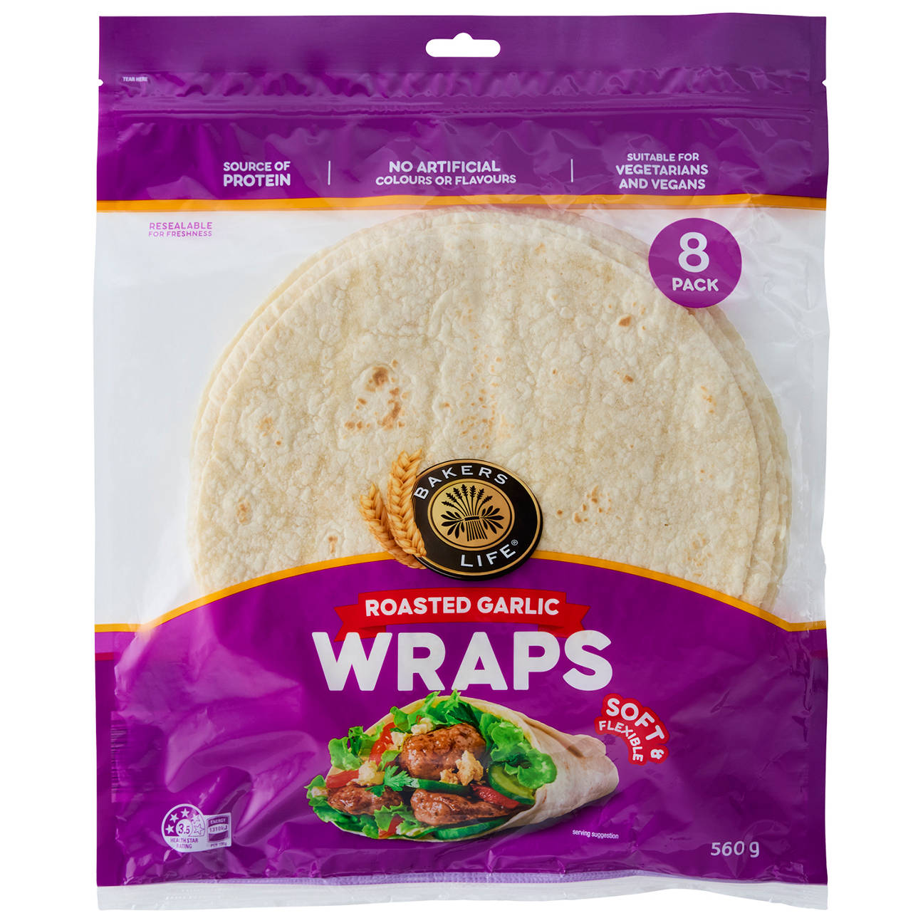 Roasted Garlic Wraps 8 Pack 560g